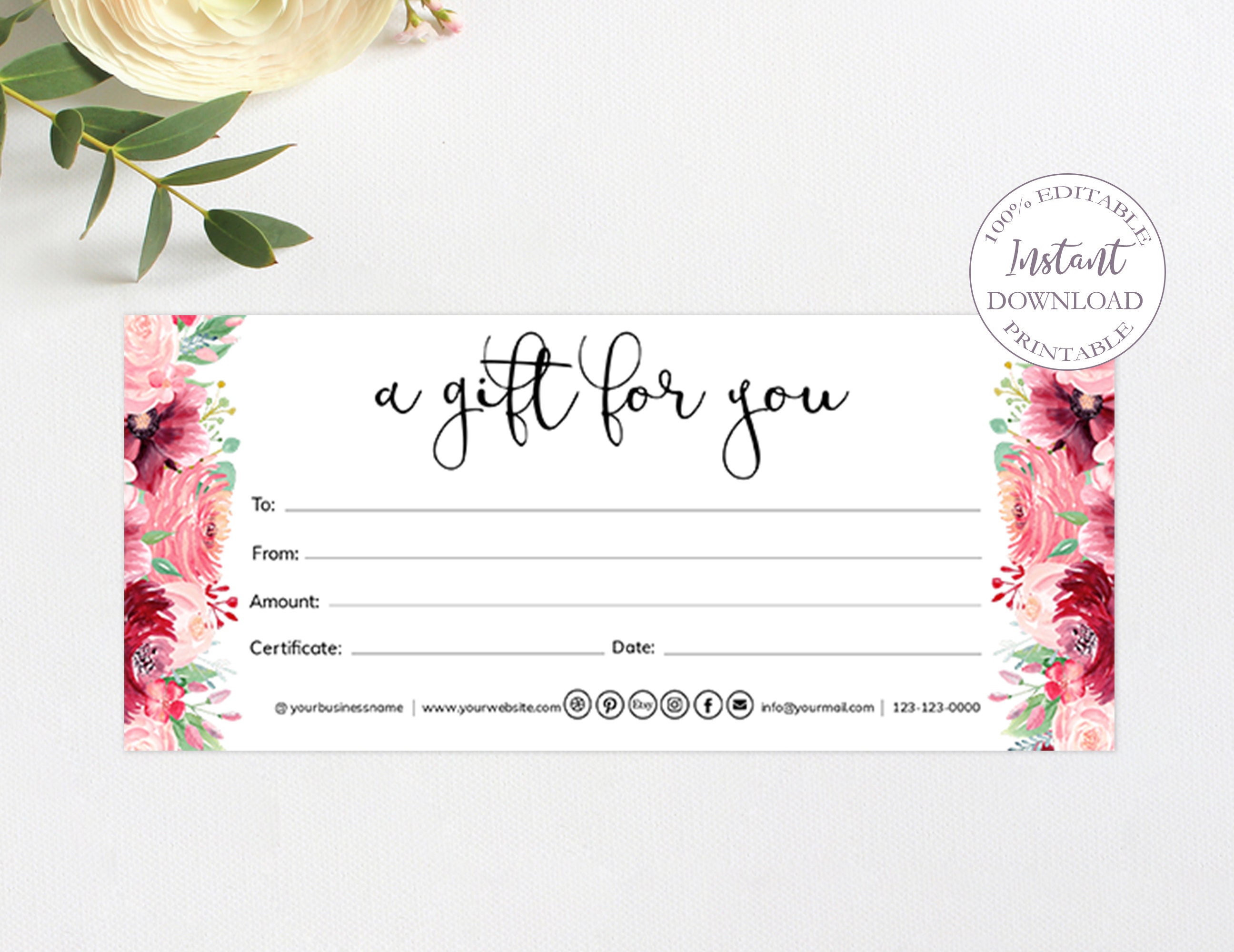 Floral A Gift For You Card Gift Certificate Template | Etsy