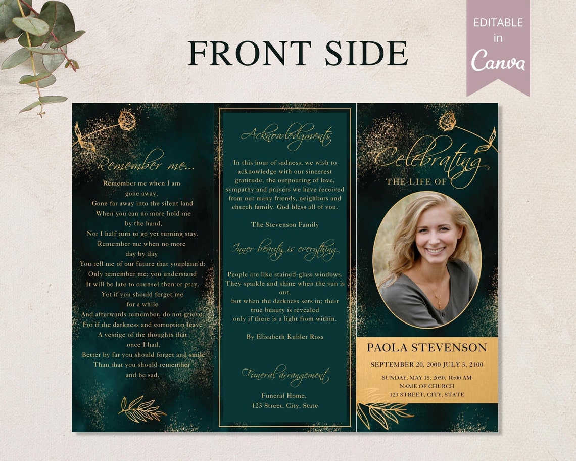 Green and Gold Funeral Program, Editable Trifold Funeral Program ...