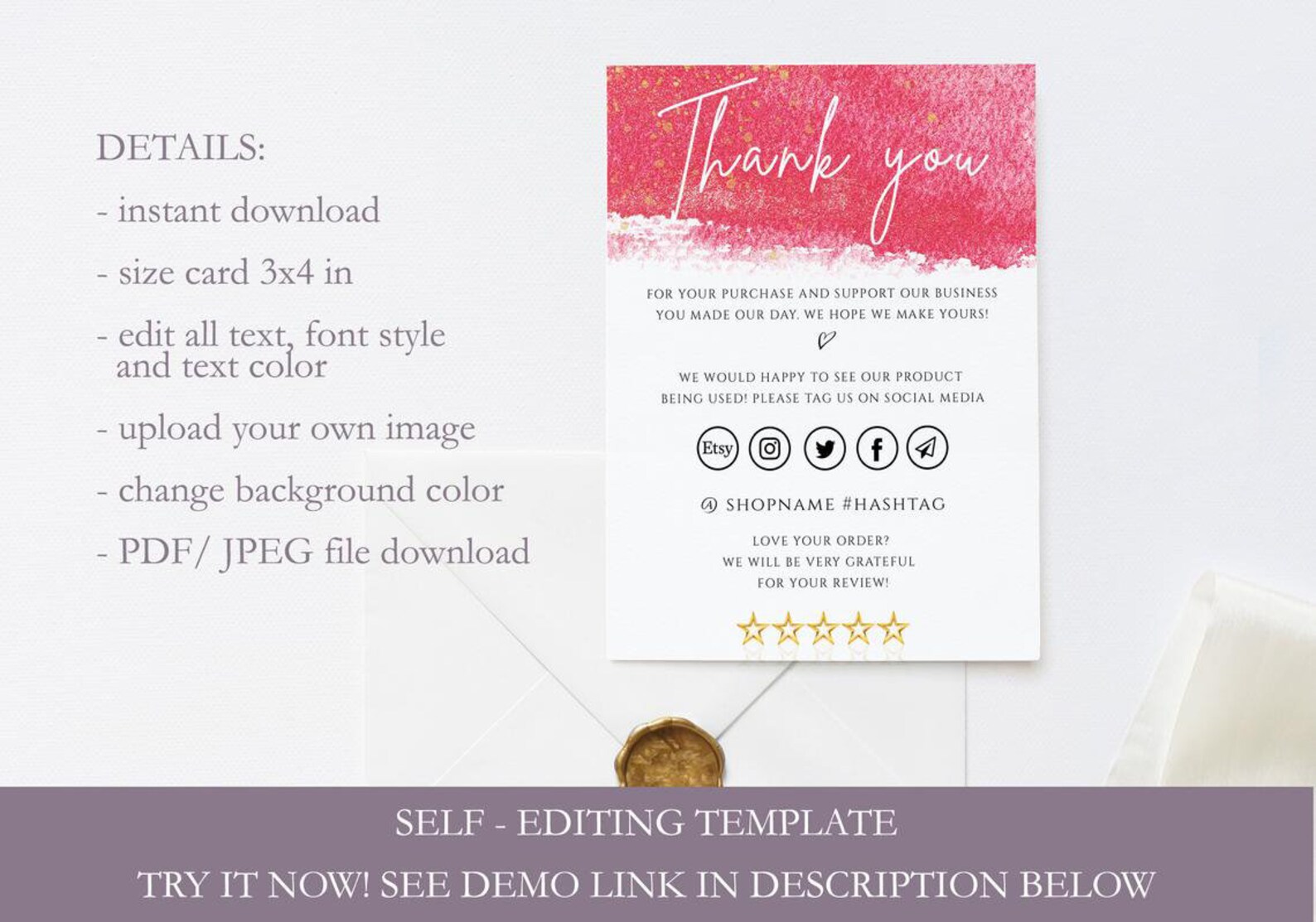 Thank You for Your Purchase Template Editable Small Business - Etsy
