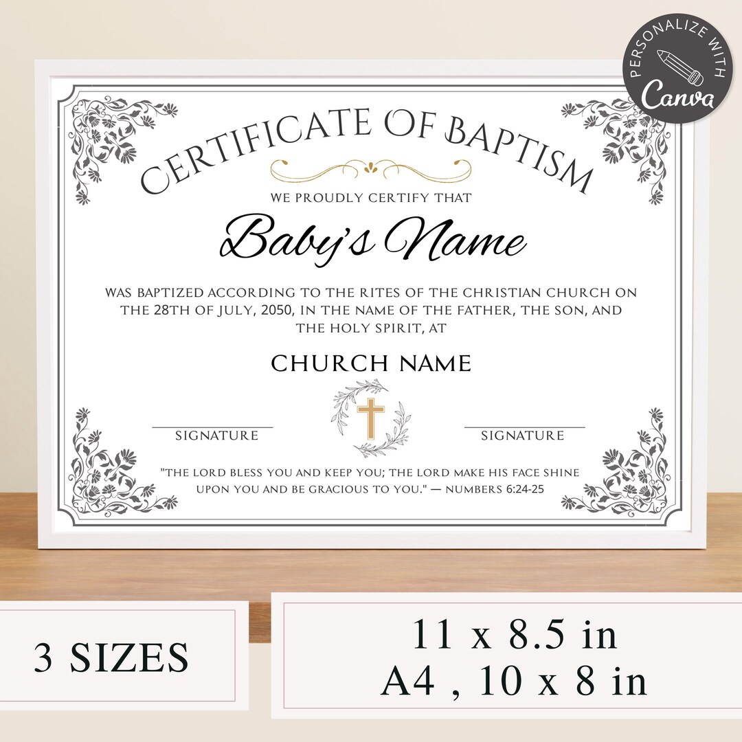 Editable Baptism Certificate Canva Template Customizable Church Baptism ...