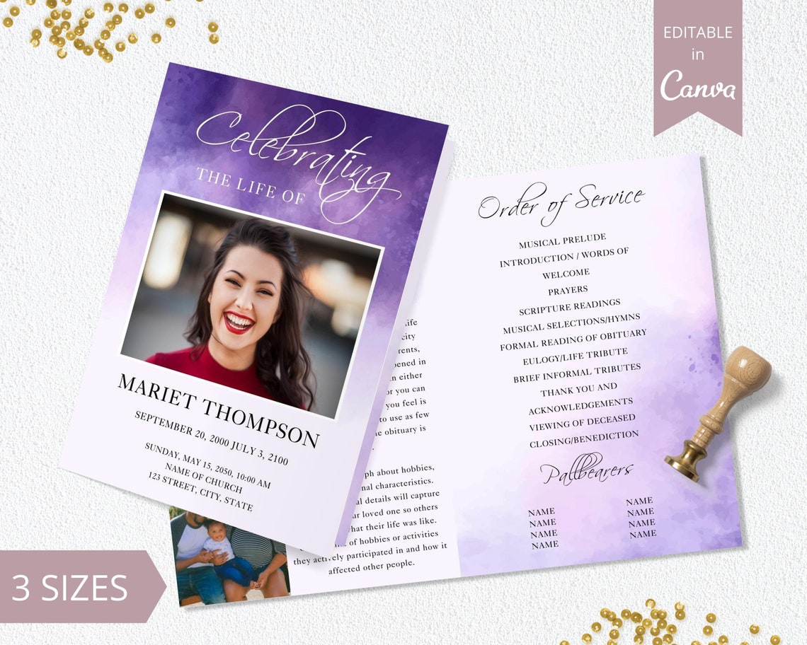Purple Funeral Program Template, Canva Template Printable, Editable Bi ...