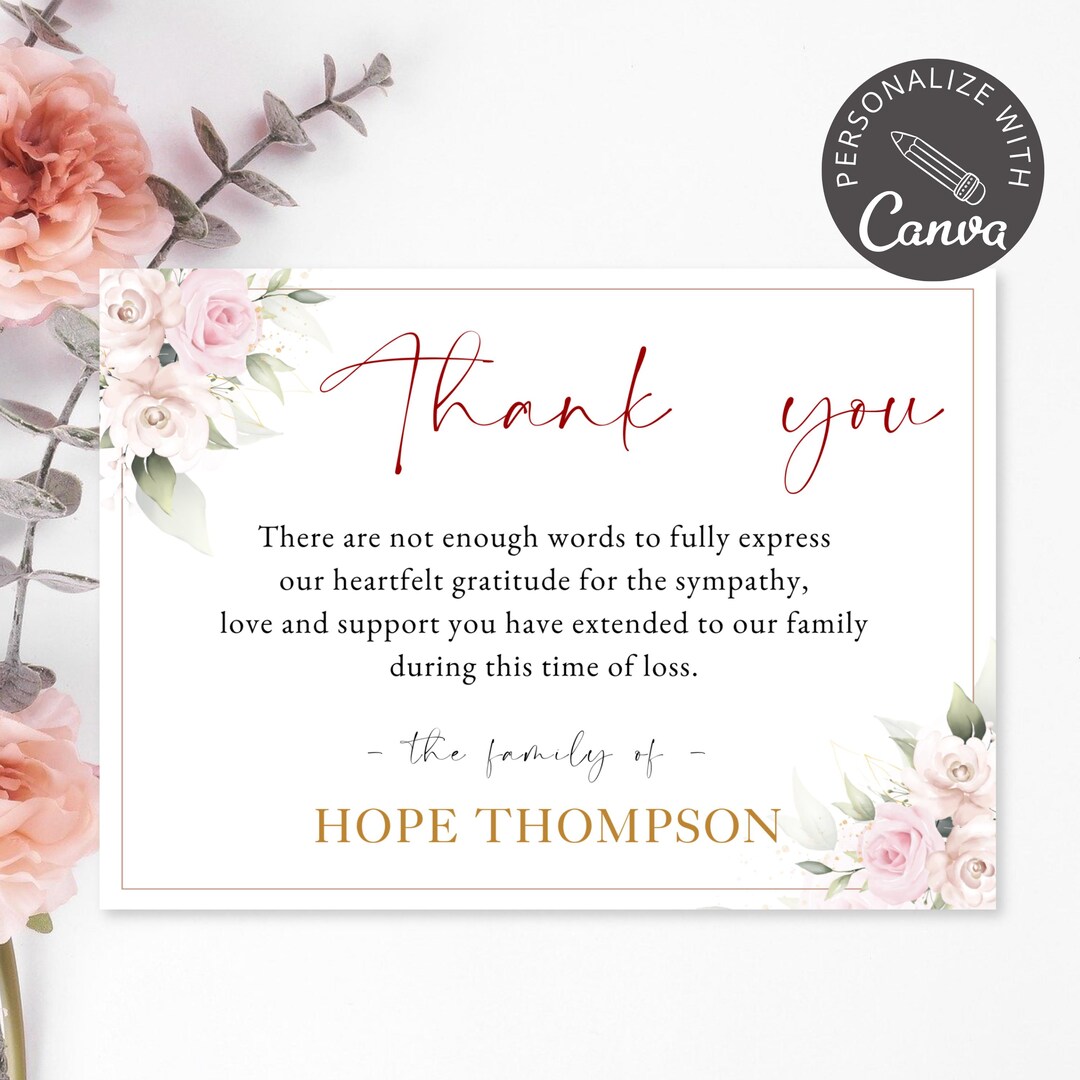 Editable Sympathy Thank You Card | Canva Memorial Template | Funeral ...