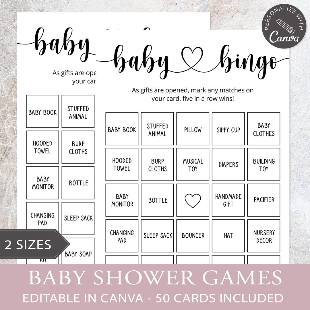 50 Prefilled Baby Bingo Games | Baby Shower Game, Printable Bingo Card ...
