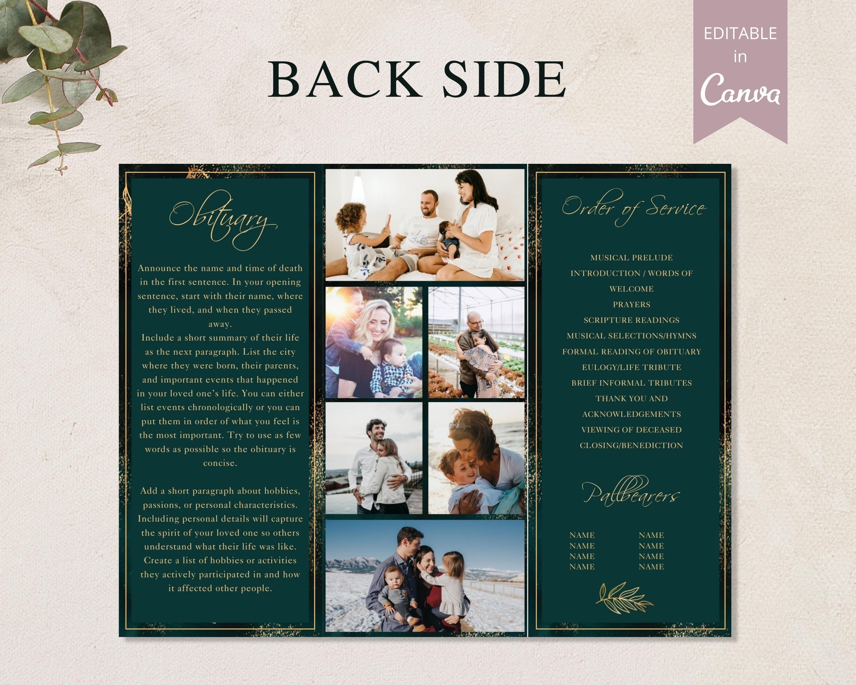 Green and Gold Funeral Program, Editable Trifold Funeral Program ...
