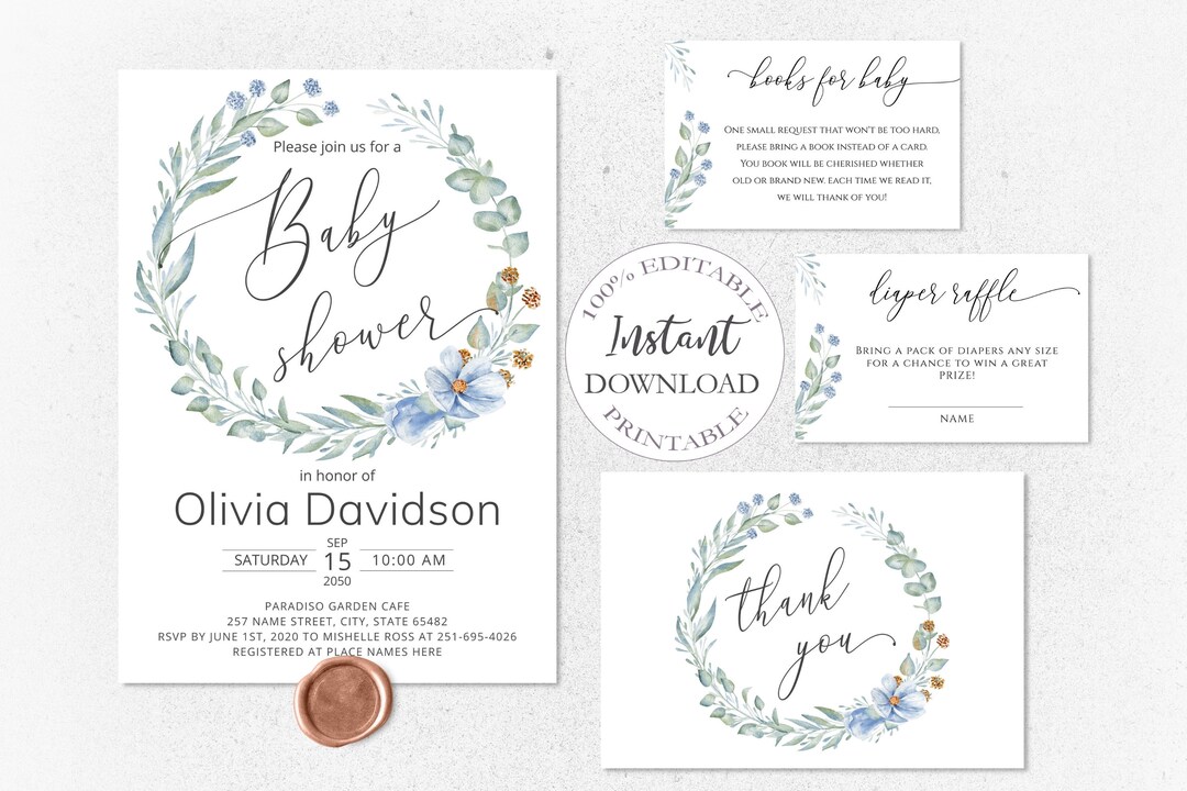 Floral Baby Shower Bundle, Virtual Baby Shower Invitation Template ...