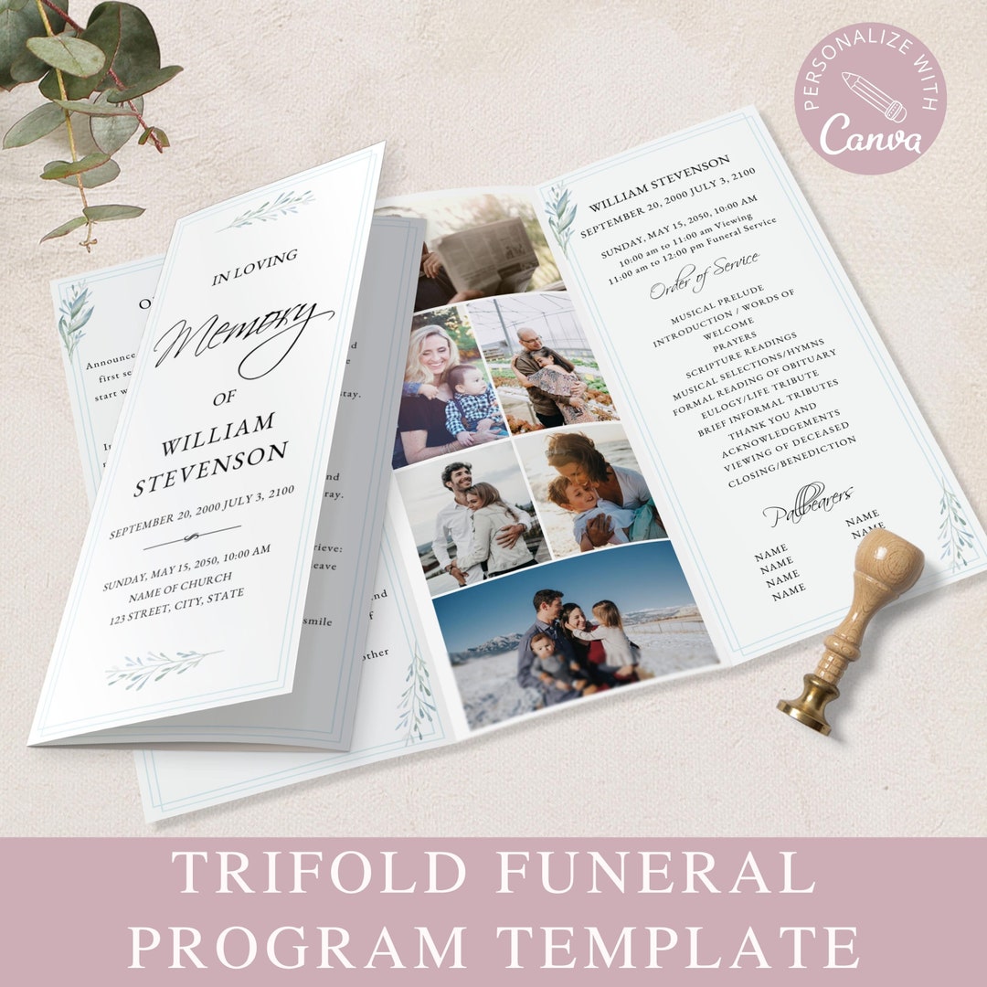 Modern Funeral Program I Printable Canva Template, Blue and Pink ...
