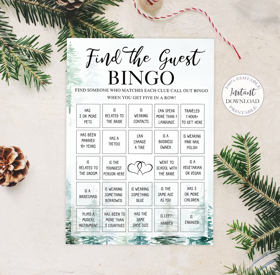 Christmas Find the Guest Bingo Cards Printable, Editable Winter Wedding ...