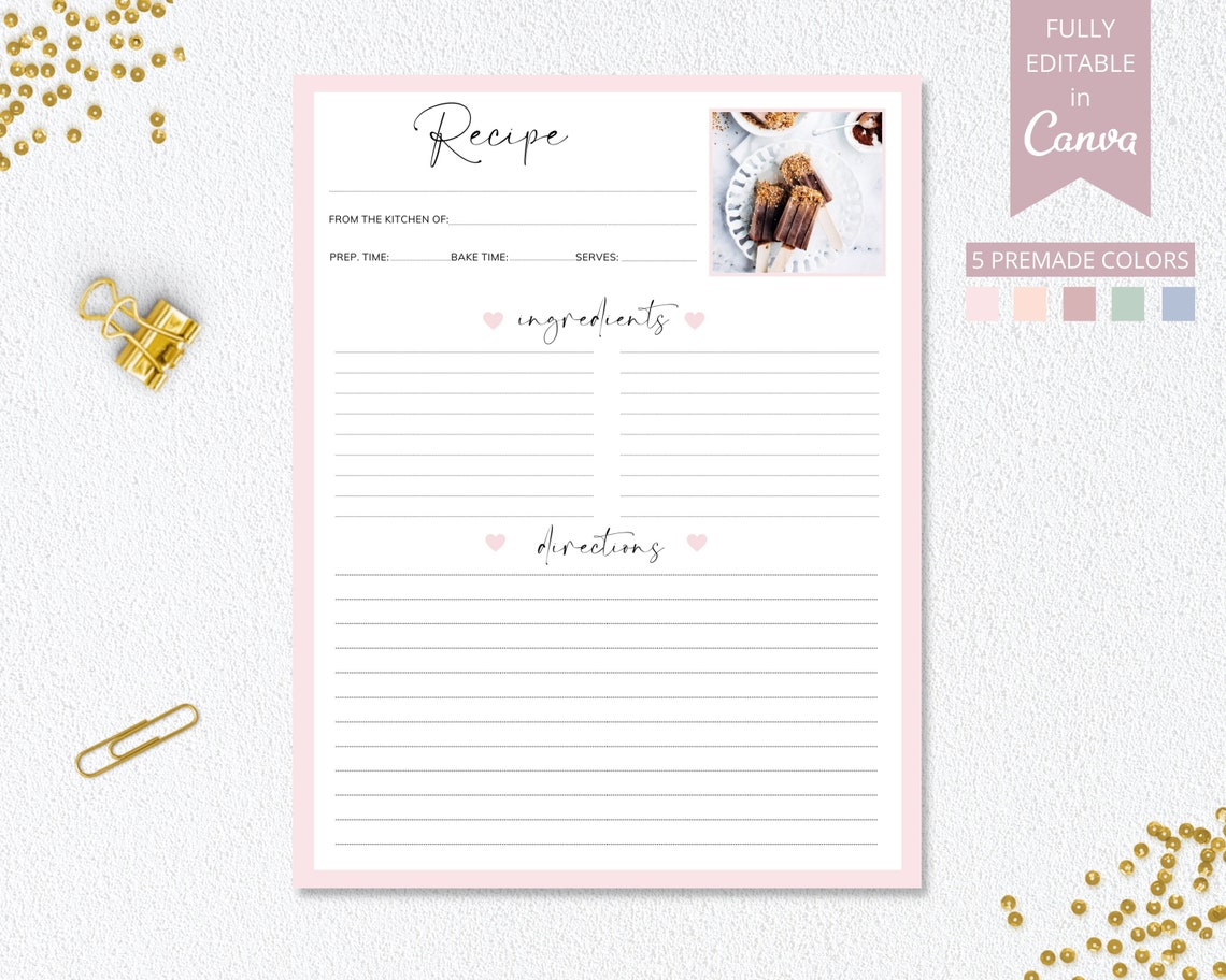 Editable Recipe Card Canva Template Printable 5 Colors - Etsy