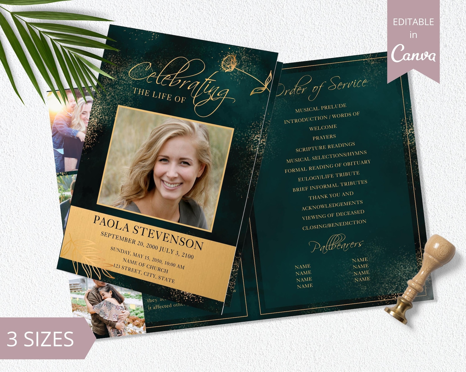 Green and Gold Funeral Program I Editable Canva Template I Printable Bi ...