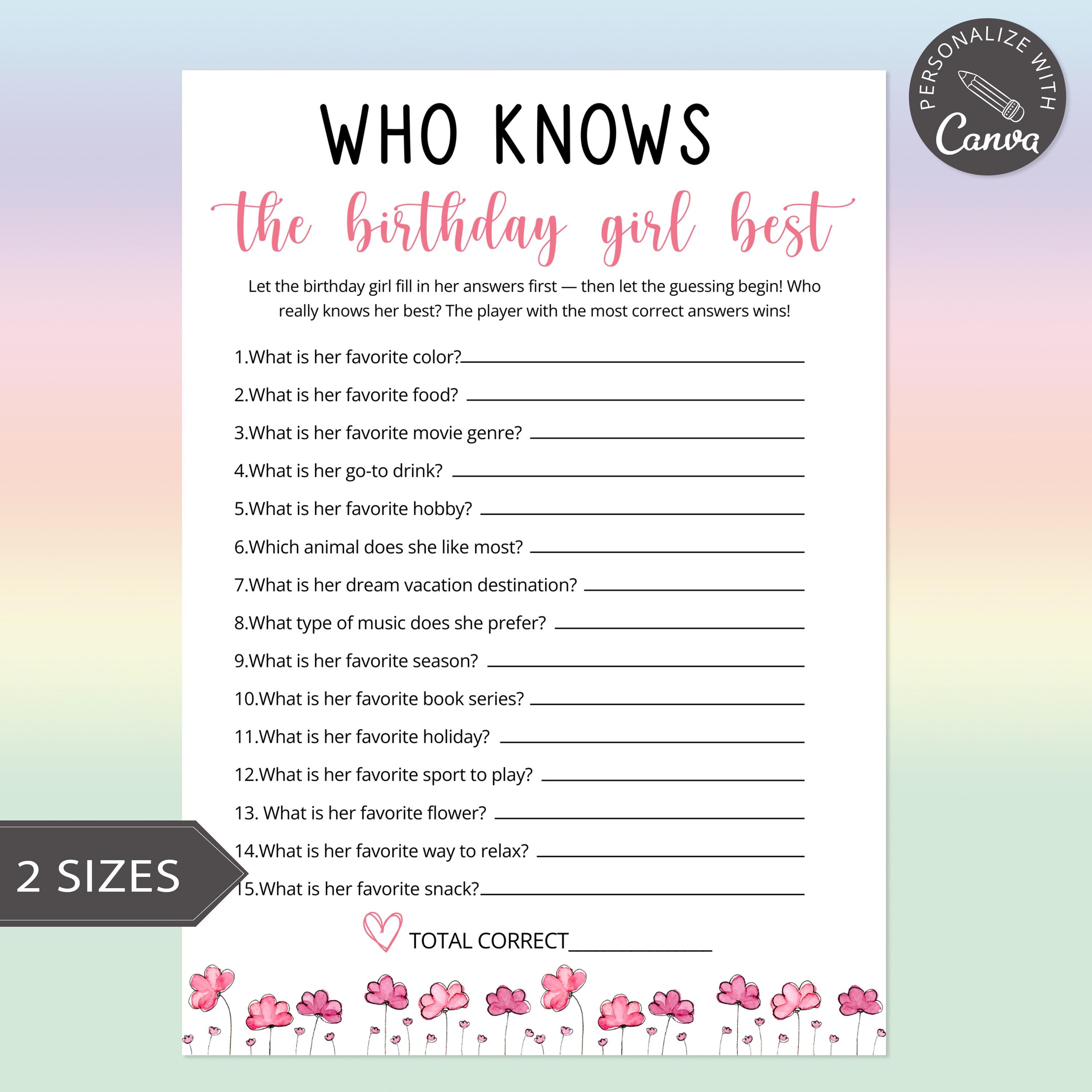 Who Knows the Birthday Girl Best Quiz Game | Canva Birthday Template ...