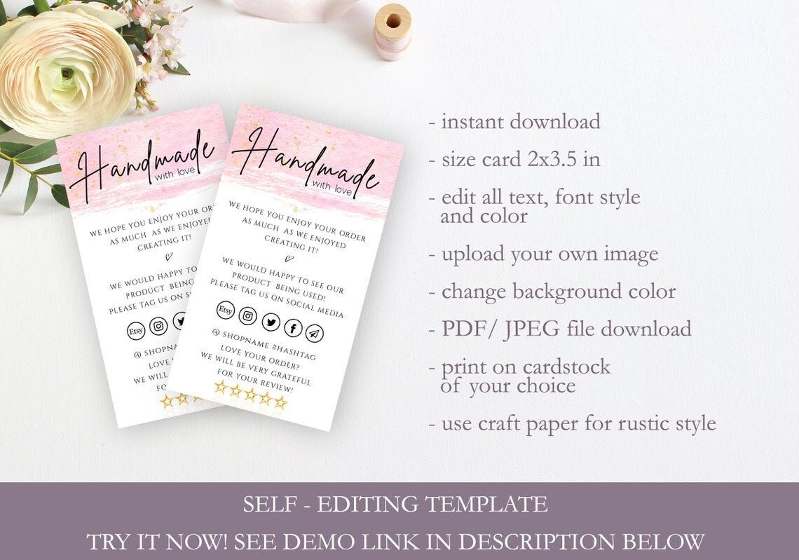 Editable Handmade With Love Card Small Business Thank You - Etsy