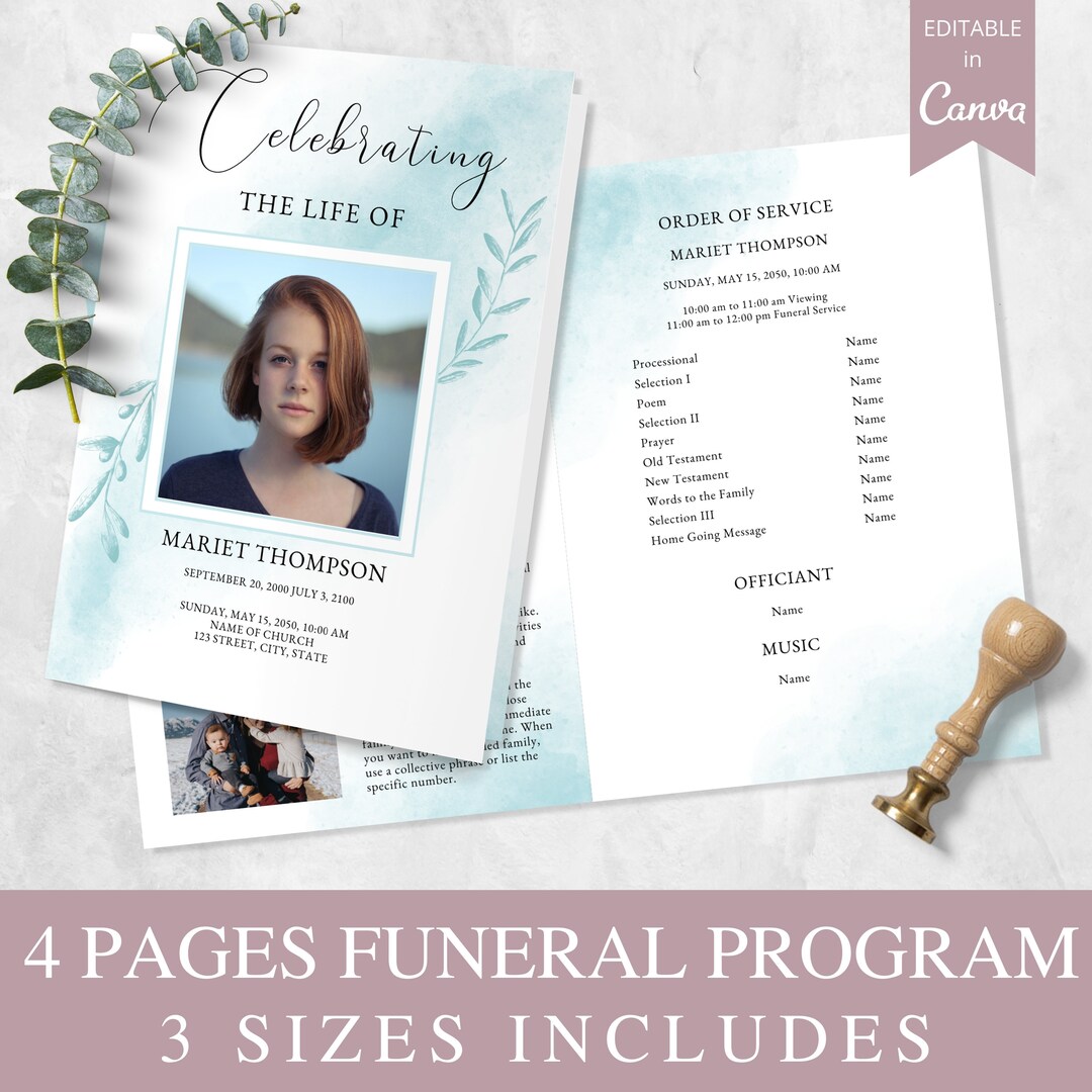4 Page Funeral Program Template, Canva Funeral Template Printable ...