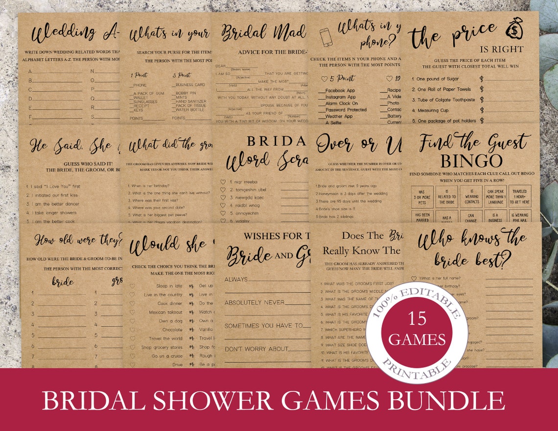 Bridal Shower Games Bundle 15 Printable Kraft Rustic Etsy