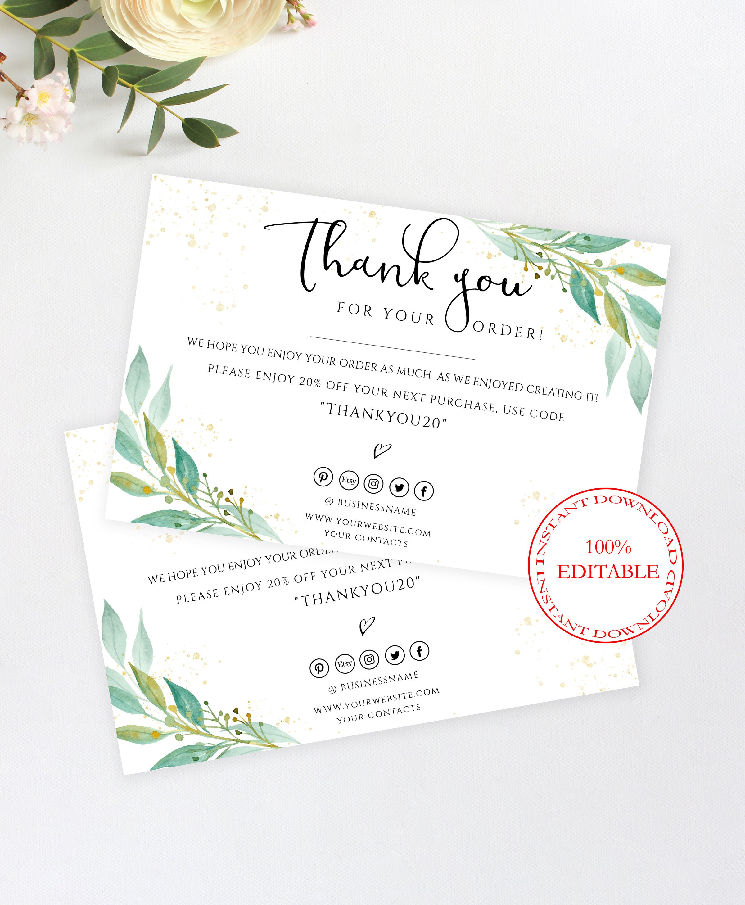 Greenery Thank You Insert Card Template Editable Etsy Promo | Etsy