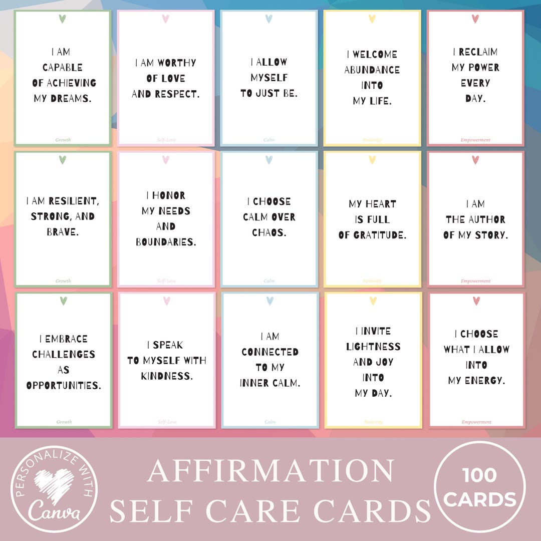 Affirmation Cards for Self Care, Editable Canva Template for DIY ...