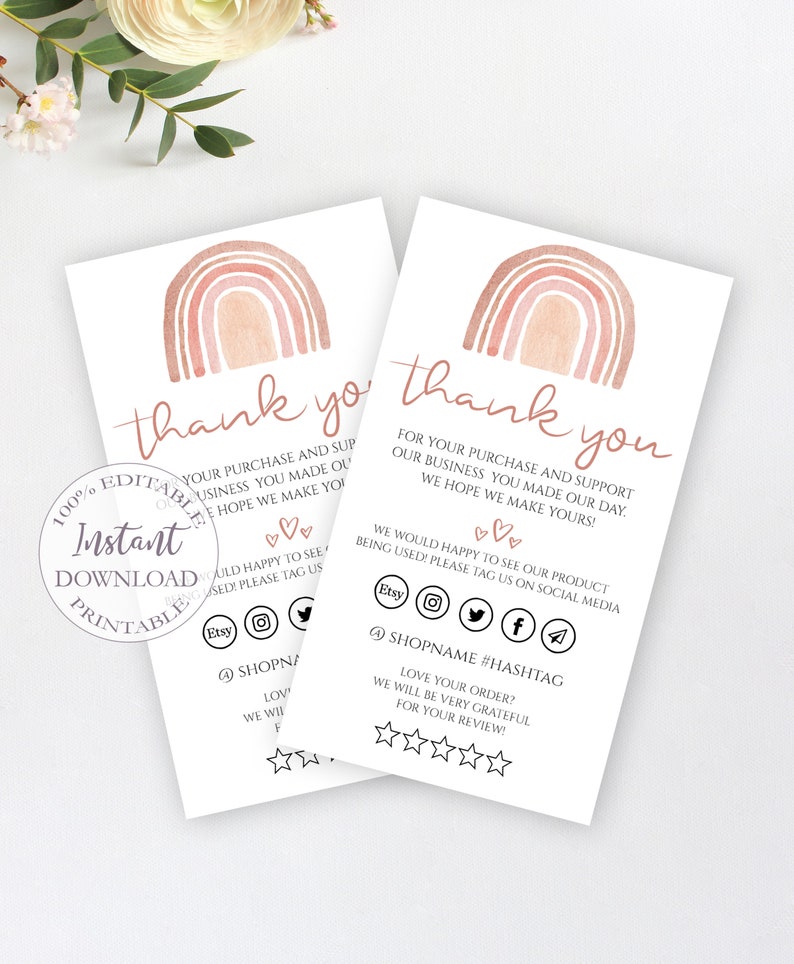 Rainbow Thank You Card Template Editable Watercolor Business - Etsy