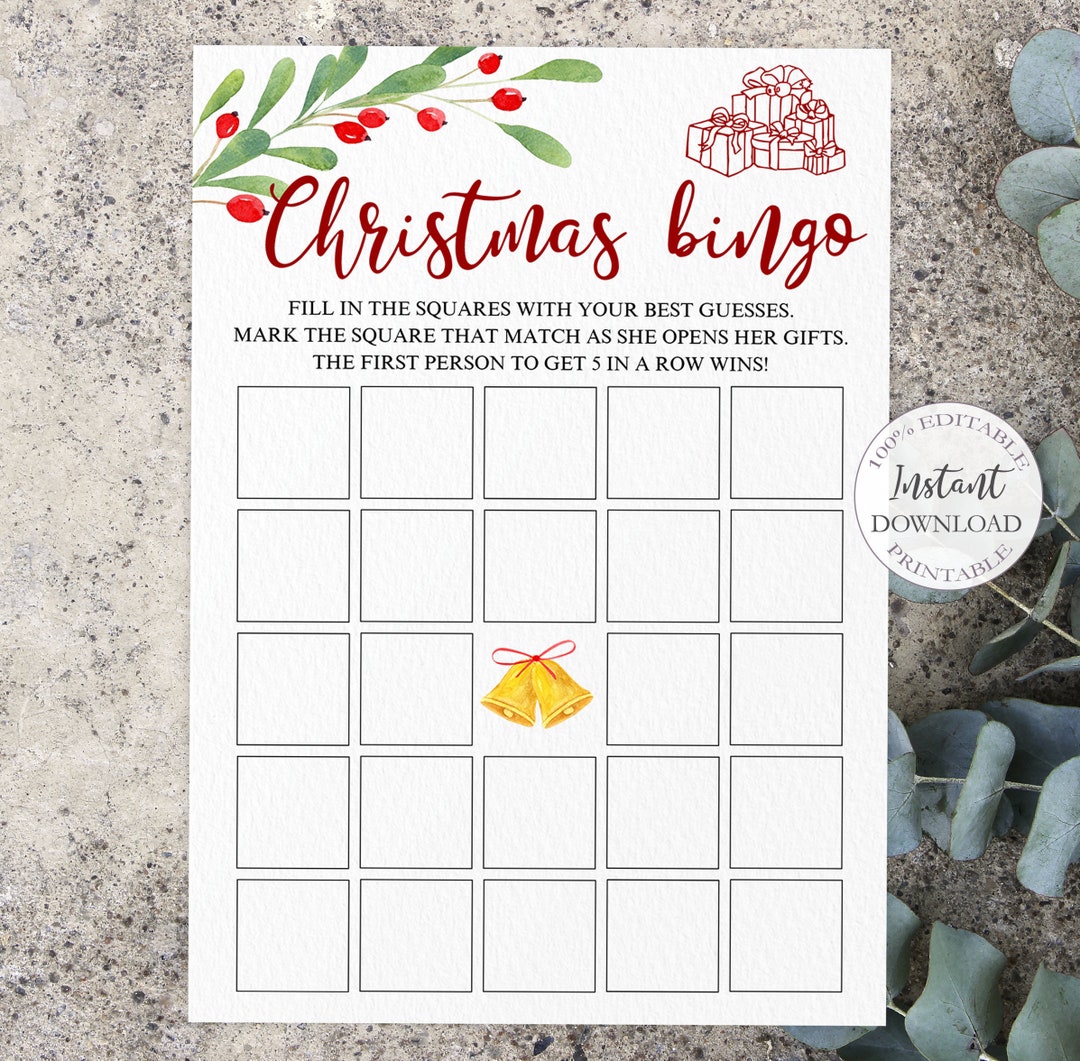Christmas Bingo Editable, Editable Christmas Bridal Shower Bingo Games ...