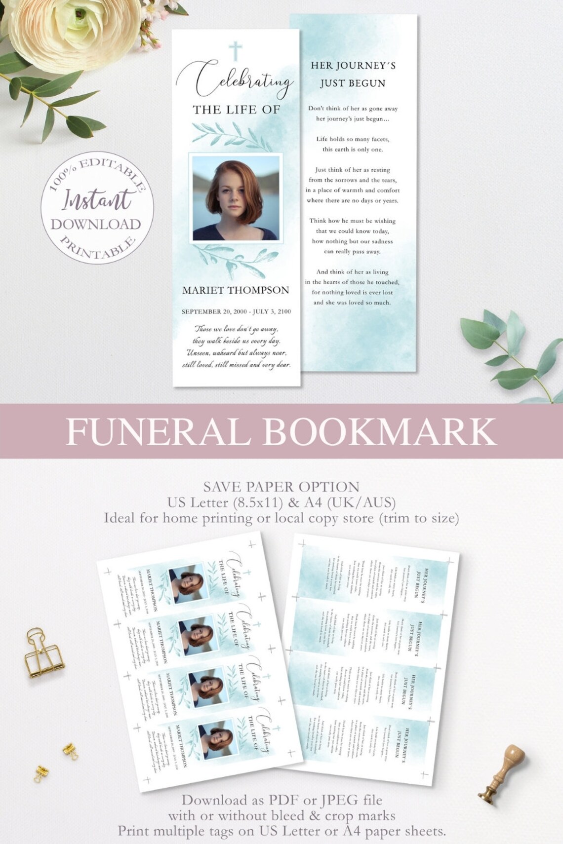Obituary Bookmark Template Loss of Loved One Printable - Etsy
