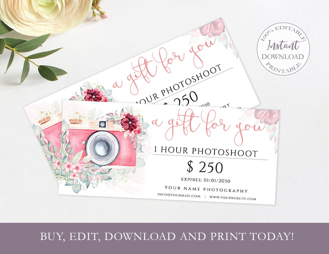 Photography Gift Card Printable Template Watercolor Floral - Etsy
