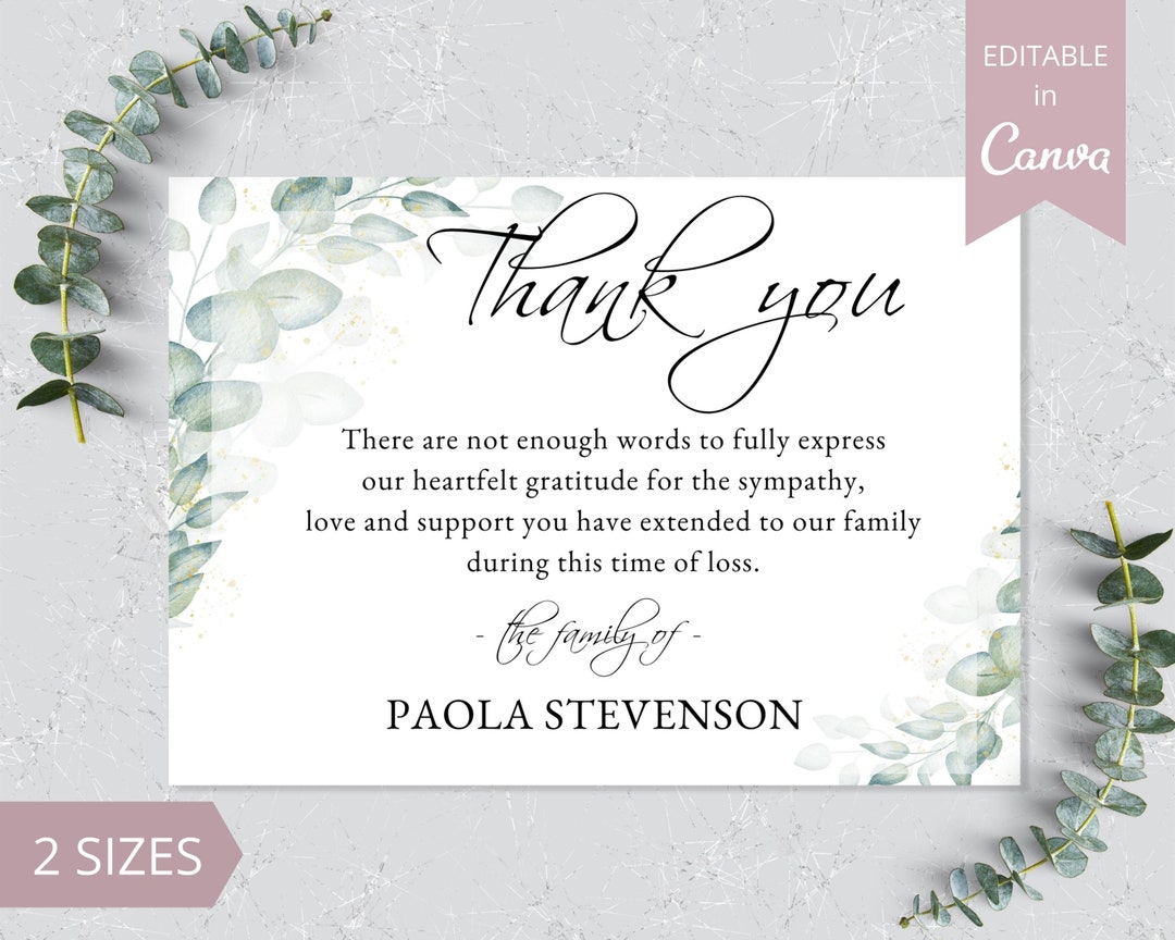 Funeral Thank You Card I Editable Canva Template I Memorial Thank You I ...