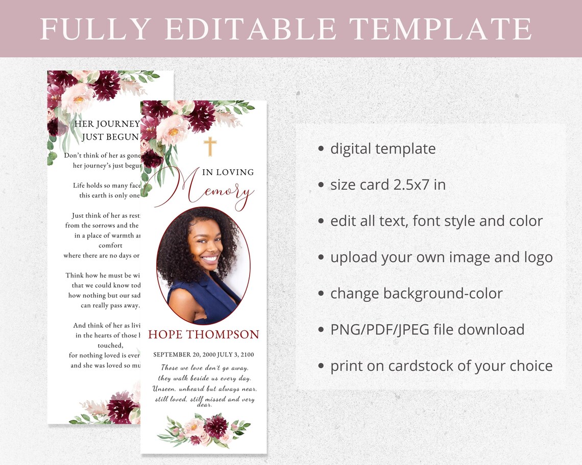Funeral Bookmark, Editable Canva Template, in Loving Memory ...