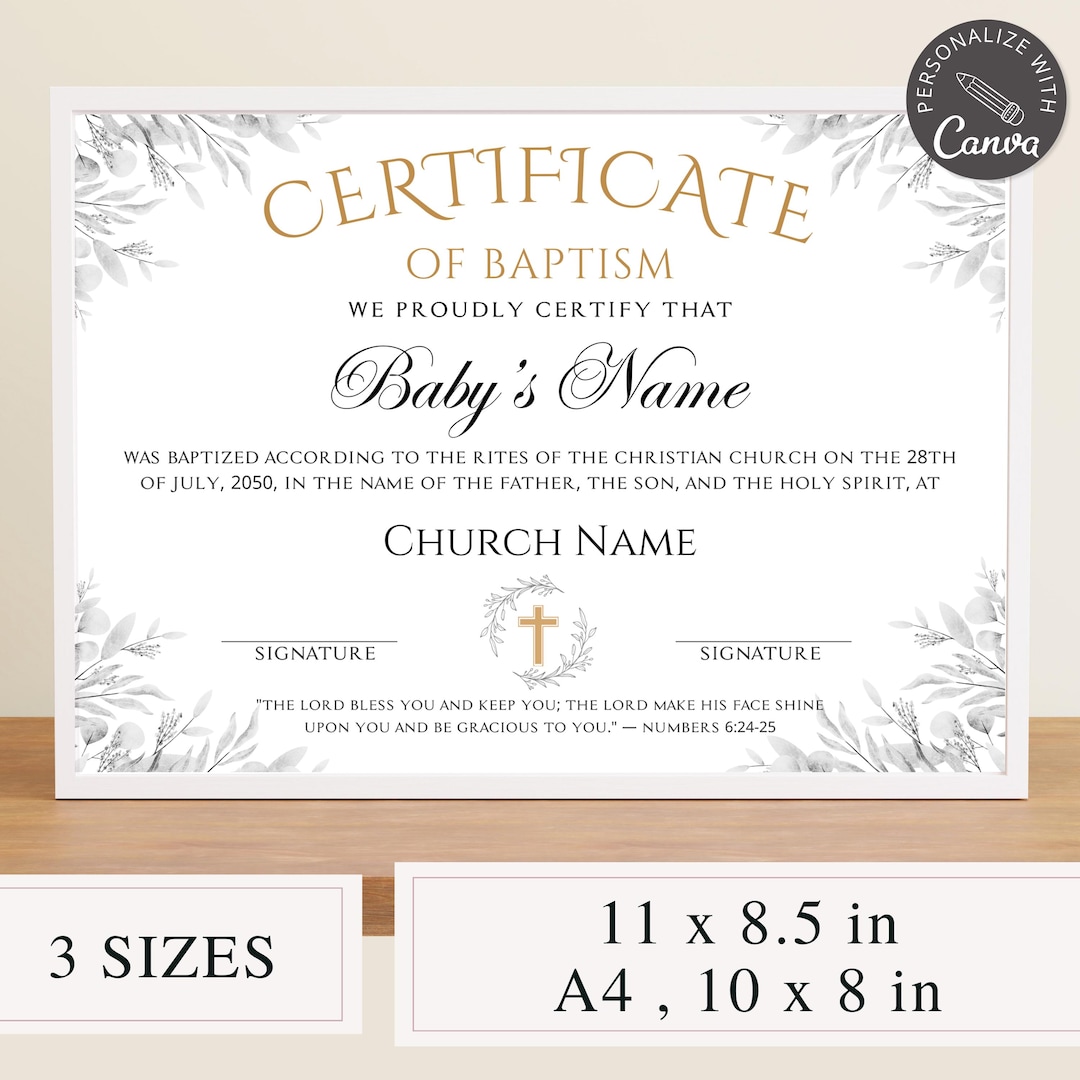 Editable Baptism Certificate Canva Template | Customizable Church ...