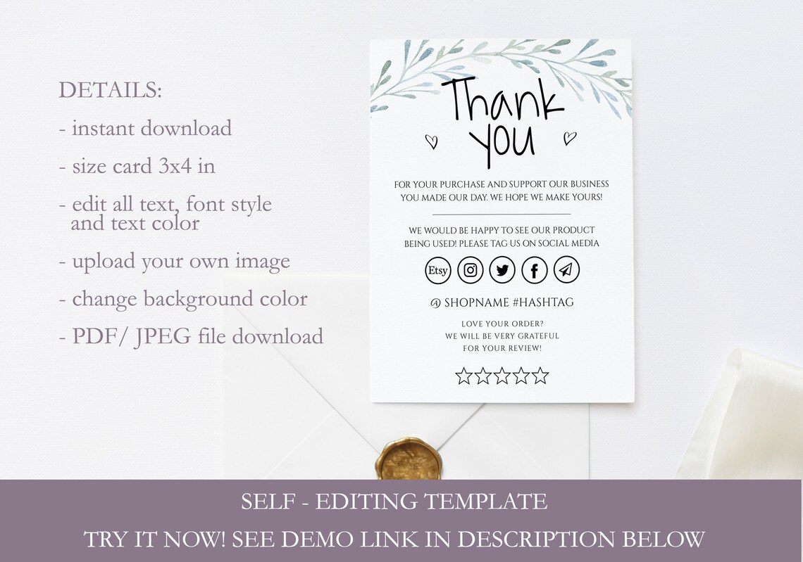 Thank You For Your Purchase Template Editable Small Business | Etsy