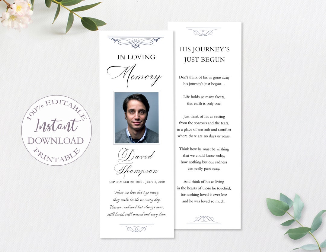 Editable Funeral Bookmark Template | Printable Obituary Bookmark ...