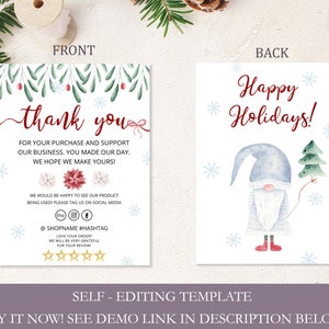 Editable Thank You Cards, Christmas Gnome Thank You Cards Template ...