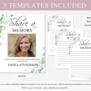 Funeral Share a Memory Cards I Editable Canva Template I Greenery Share ...