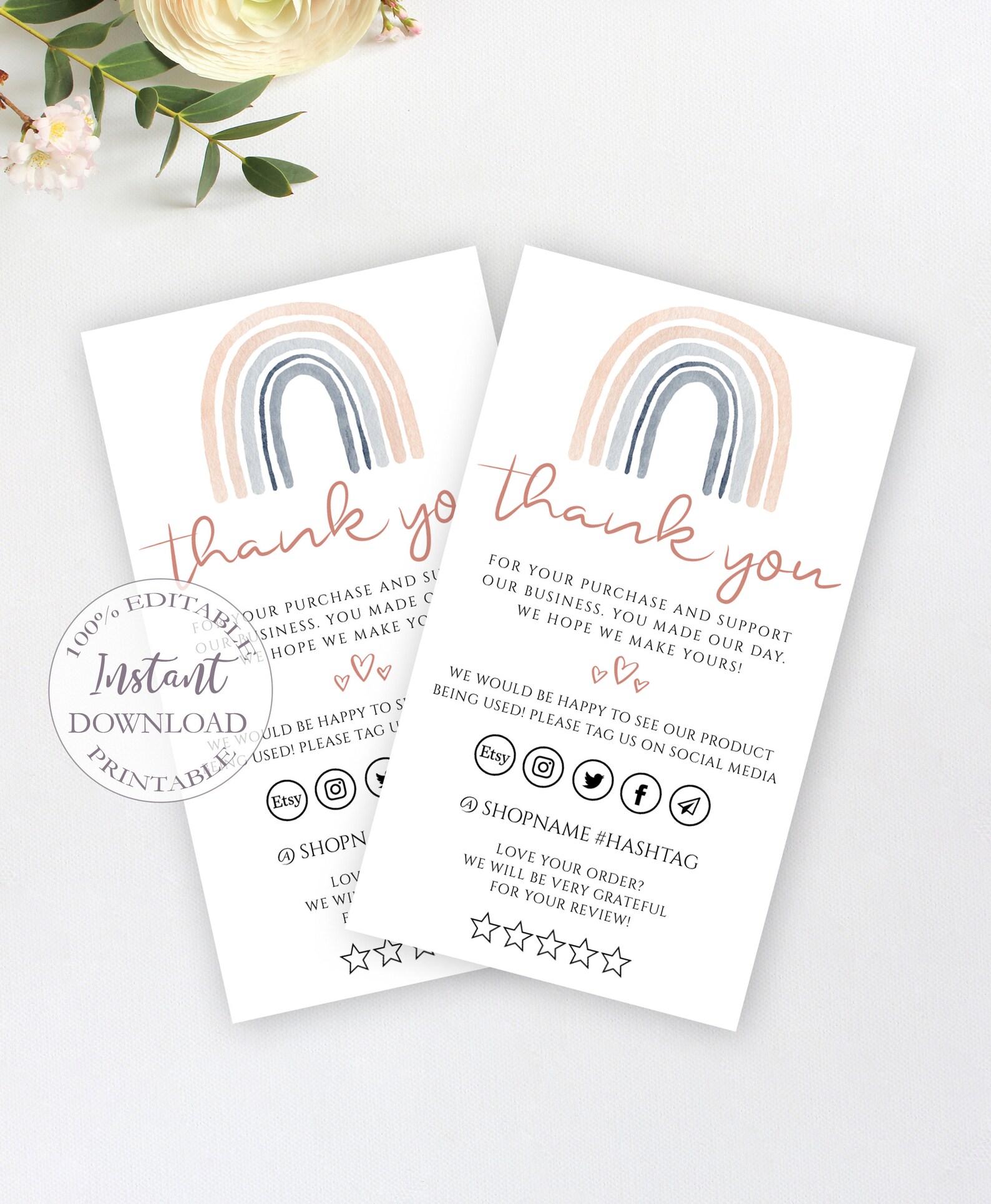 Watercolor Rainbow Thank You Card Template Editable Small - Etsy