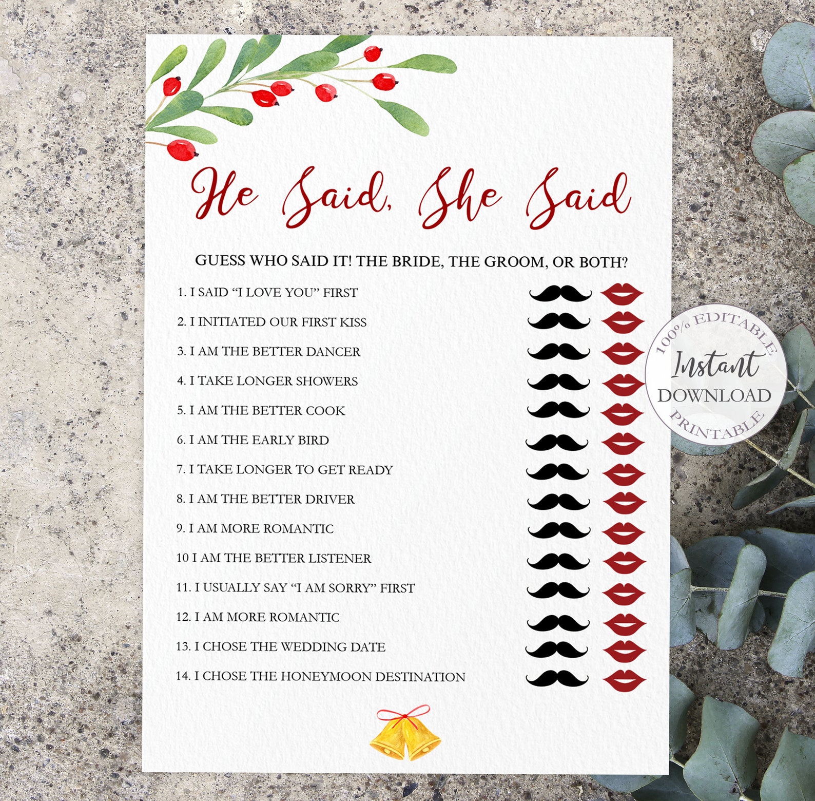 He Said She Said Game Editable Christmas Bridal Shower Games - Etsy