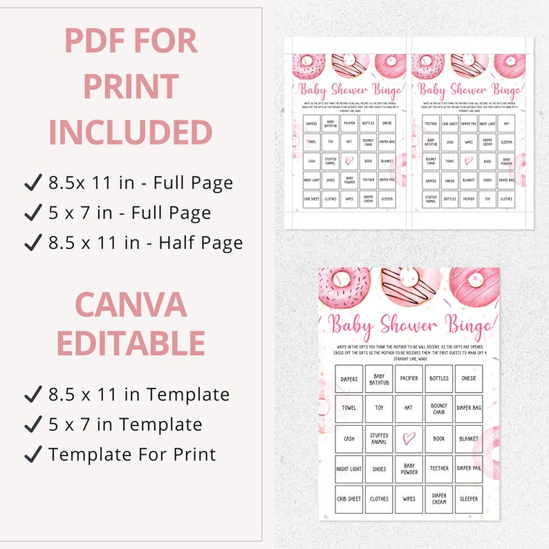 Donut Baby Shower Bingo Canva Template | 50 Fun Baby Shower Game for ...