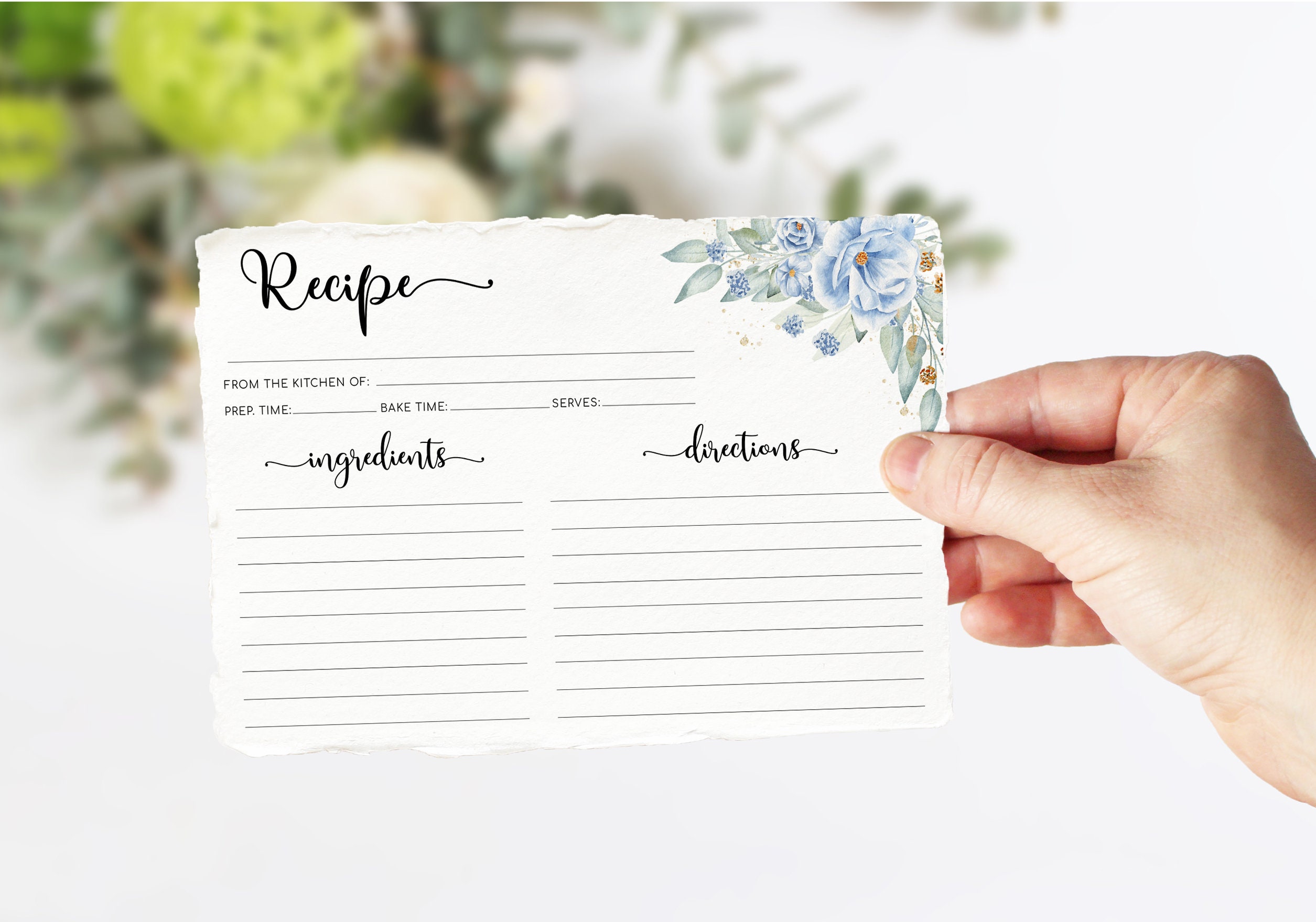 Recipe Cards Printable Blue Floral Recipe Card Template - Etsy
