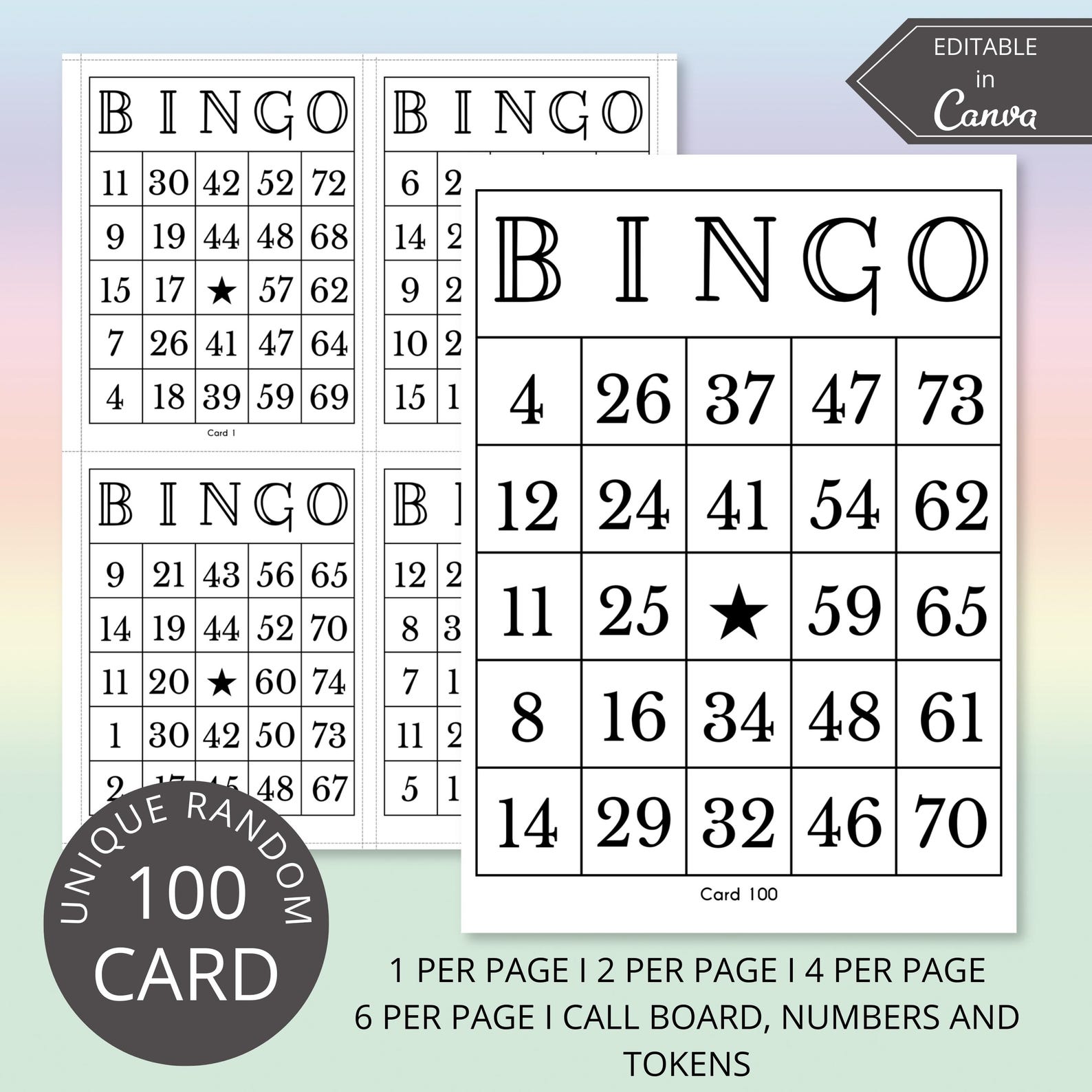 100 Printable Bingo Cards | 1, 2, 4 and 6 per Page, Custom Bingo Card ...