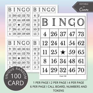 100 Printable Bingo Cards | 1, 2, 4 and 6 per Page, Custom Bingo Card ...