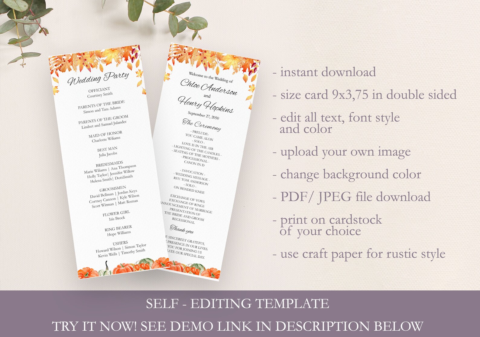 Fall Wedding Program Template, Editable Autumn Program Fan, Printable ...