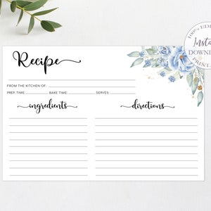 Recipe Cards Printable, Blue Floral Recipe Card Template, Editable ...