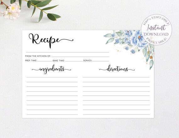 Recipe Cards Printable Blue Floral Recipe Card Template | Etsy