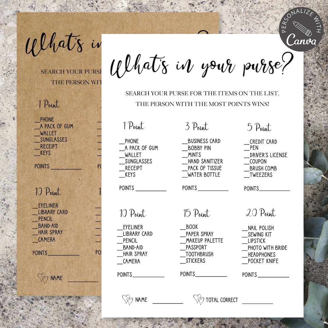 What's in Your Purse Game | Canva Template for Bridal Shower Game, Baby ...