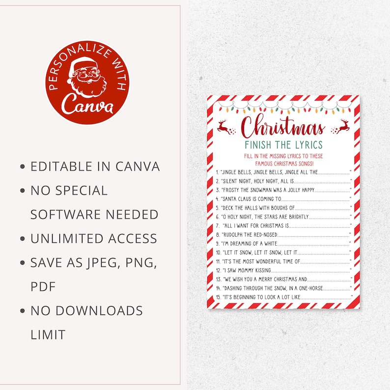 Editable Christmas Lyric Game | Finish the Phrase Holiday Party Game ...