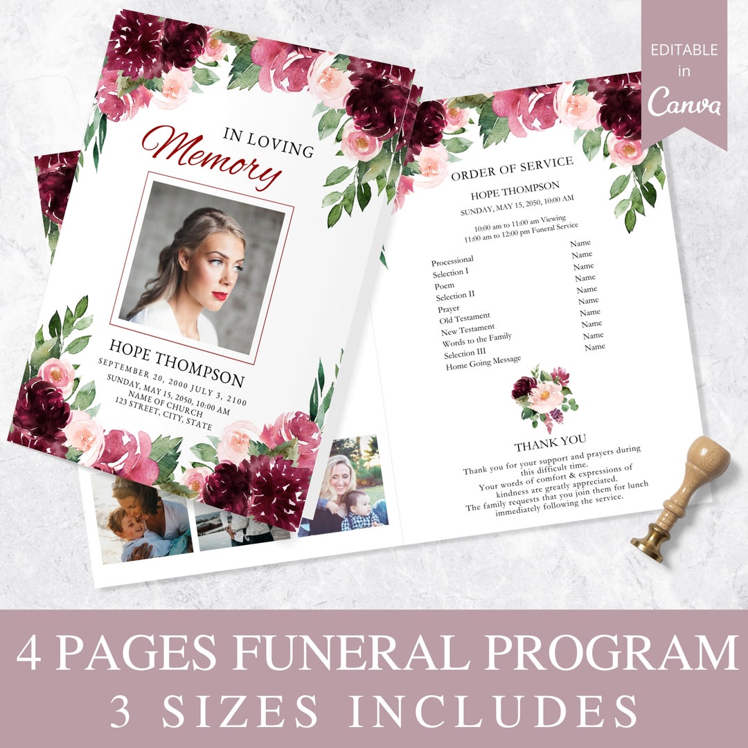 4 Page Funeral Program Template, Canva Funeral Template Printable ...