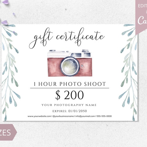 Photography Gift Certificate Template Editable Photography - Etsy