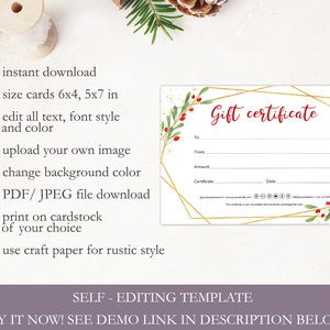 Gift Certificate Editable, Printable Christmas Gift Cards, Personalized ...