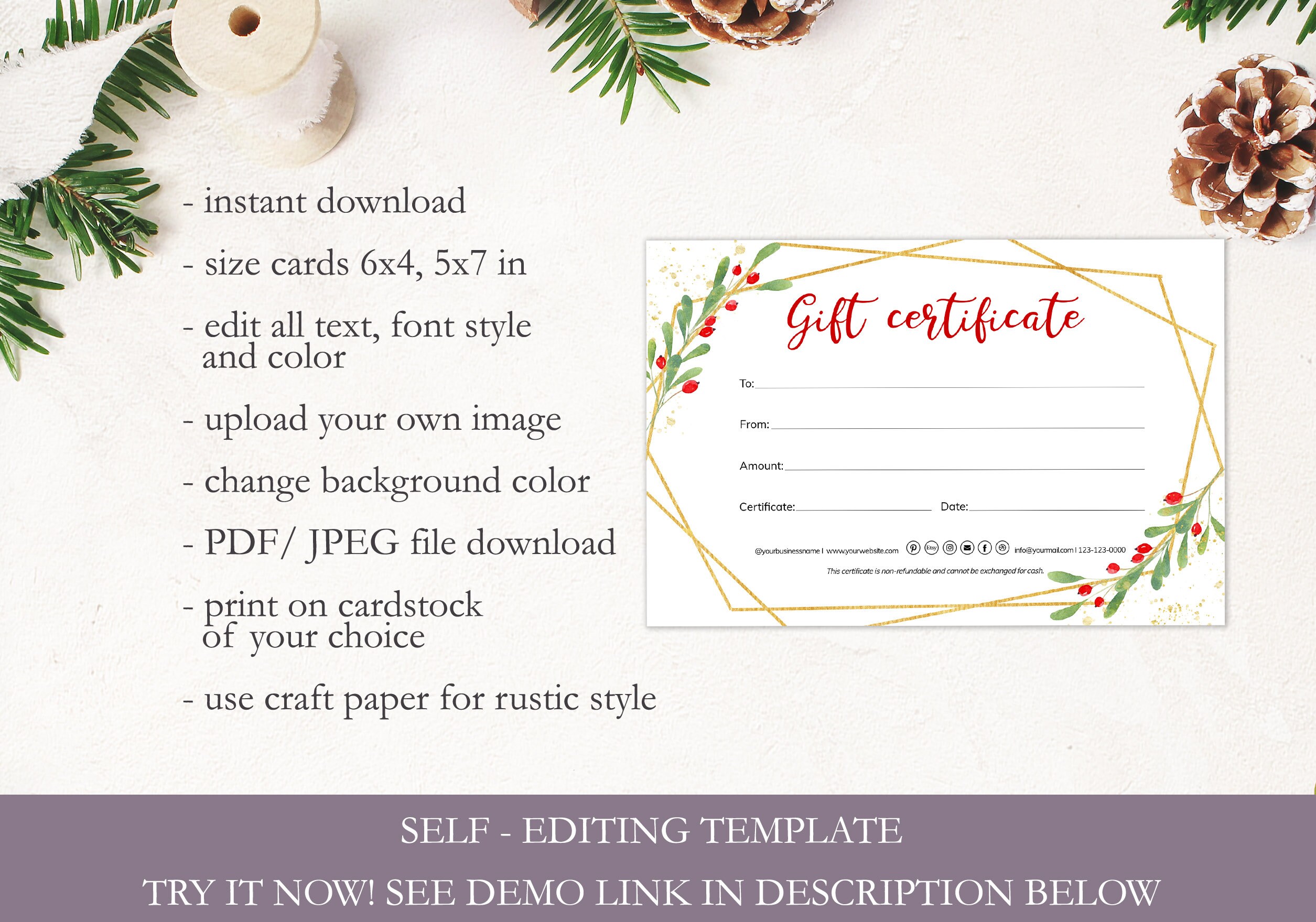 Gift Certificate Editable Printable Christmas Gift Cards | Etsy