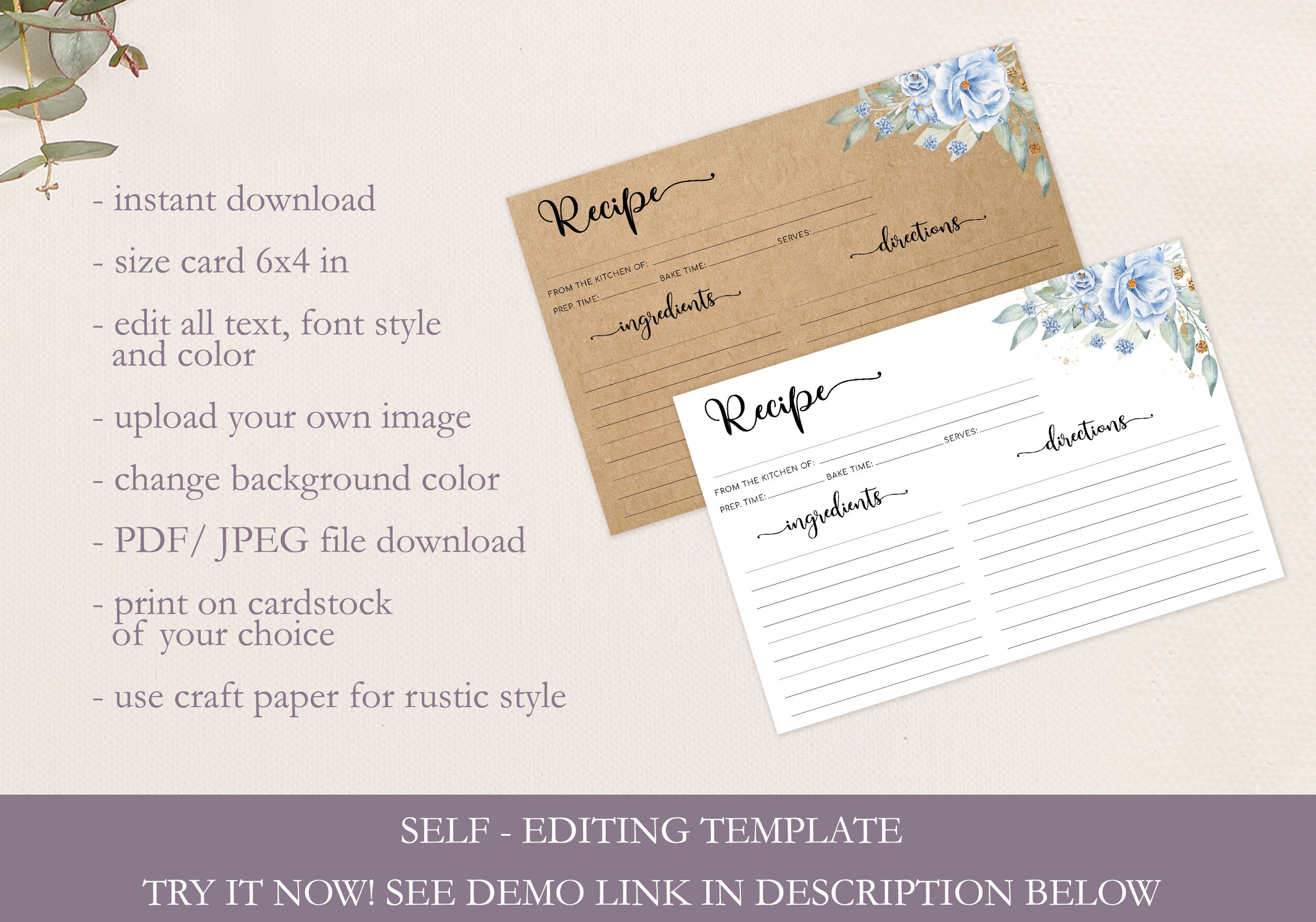 Recipe Cards Printable Blue Floral Recipe Card Template - Etsy