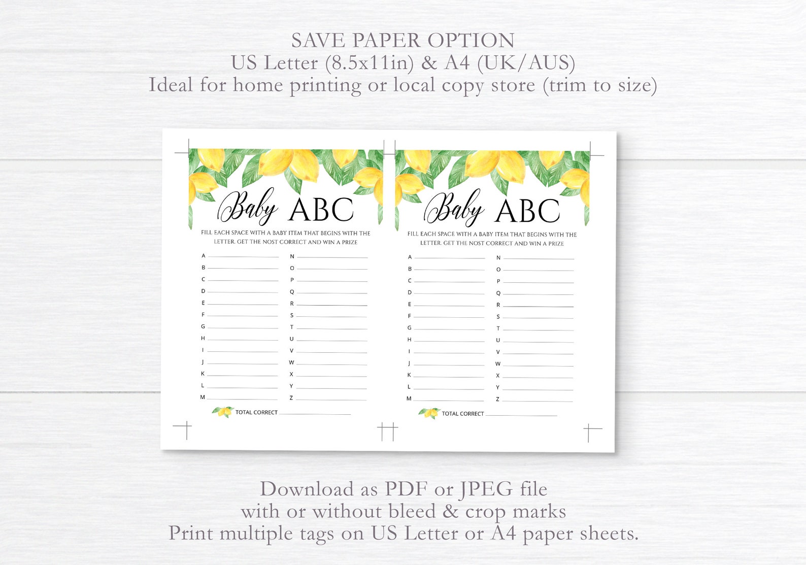 ABC Lemon Baby Shower Game Template Printable Rustic Game | Etsy