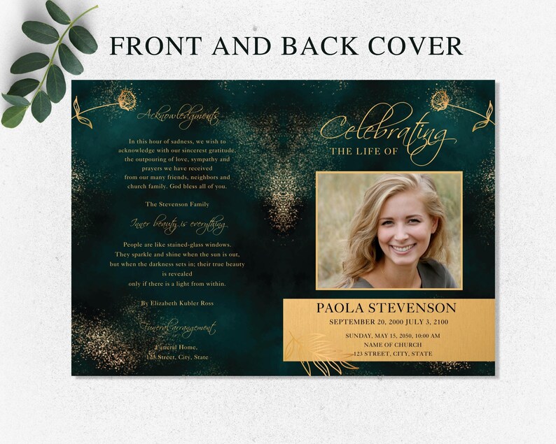 Green and Gold Funeral Program I Editable Canva Template I - Etsy