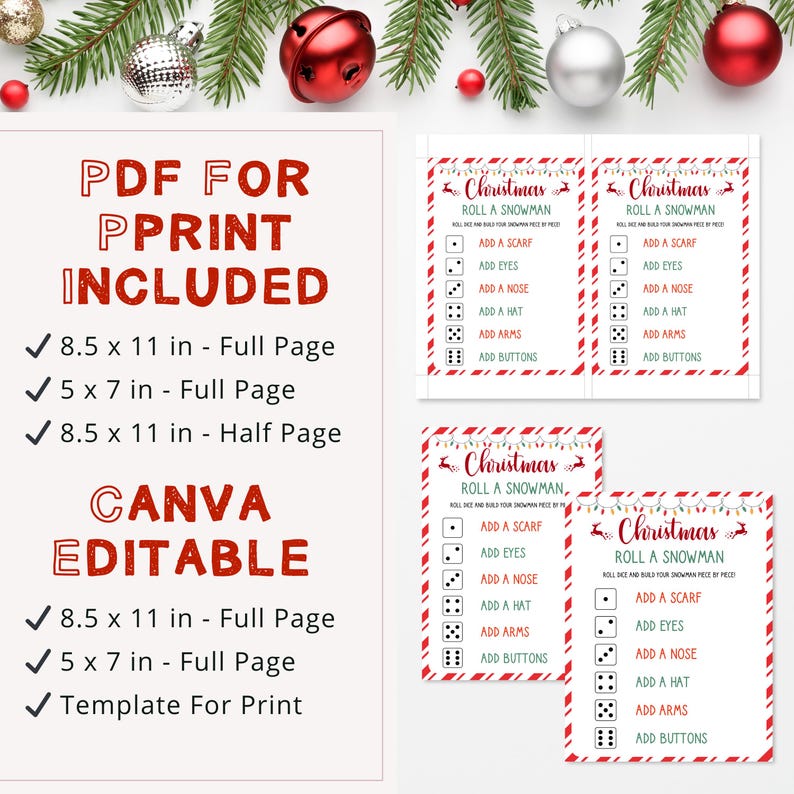 Christmas Roll a Snowman Game | Editable Canva Template | Fun Dice ...