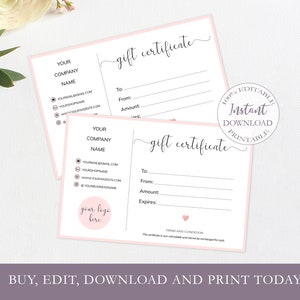 Gift Certificate Template, Editable Etsy Gift Card, Printable Small ...